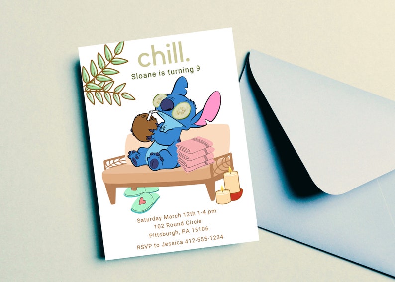 Stitch, Spa, Relax, Birthday Invitation, Lilo, Digital Download, Blue ...