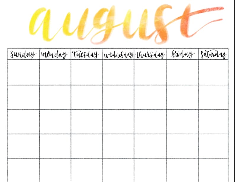 Blank August Monthly Template - Etsy