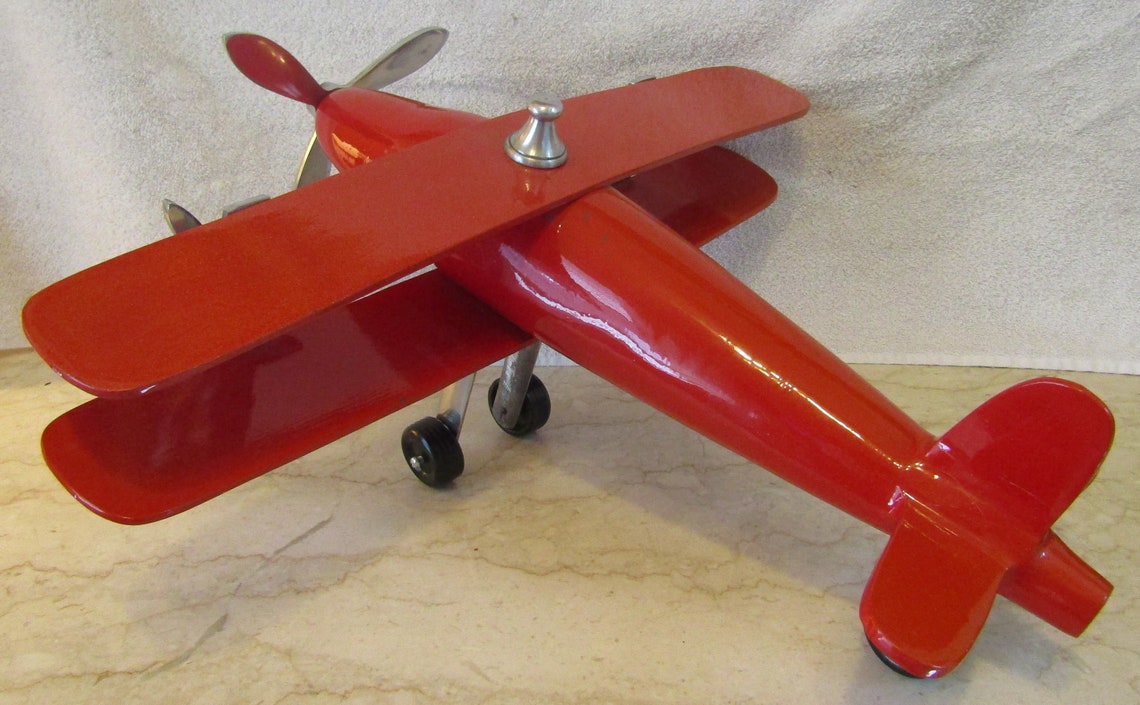 Vintage Red Metal Prop Bi-plane With Moving Propellers and Wheels 19.5 ...