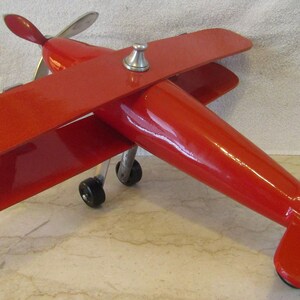 Vintage Red Metal Prop Bi-plane With Moving Propellers and Wheels 19.5 ...