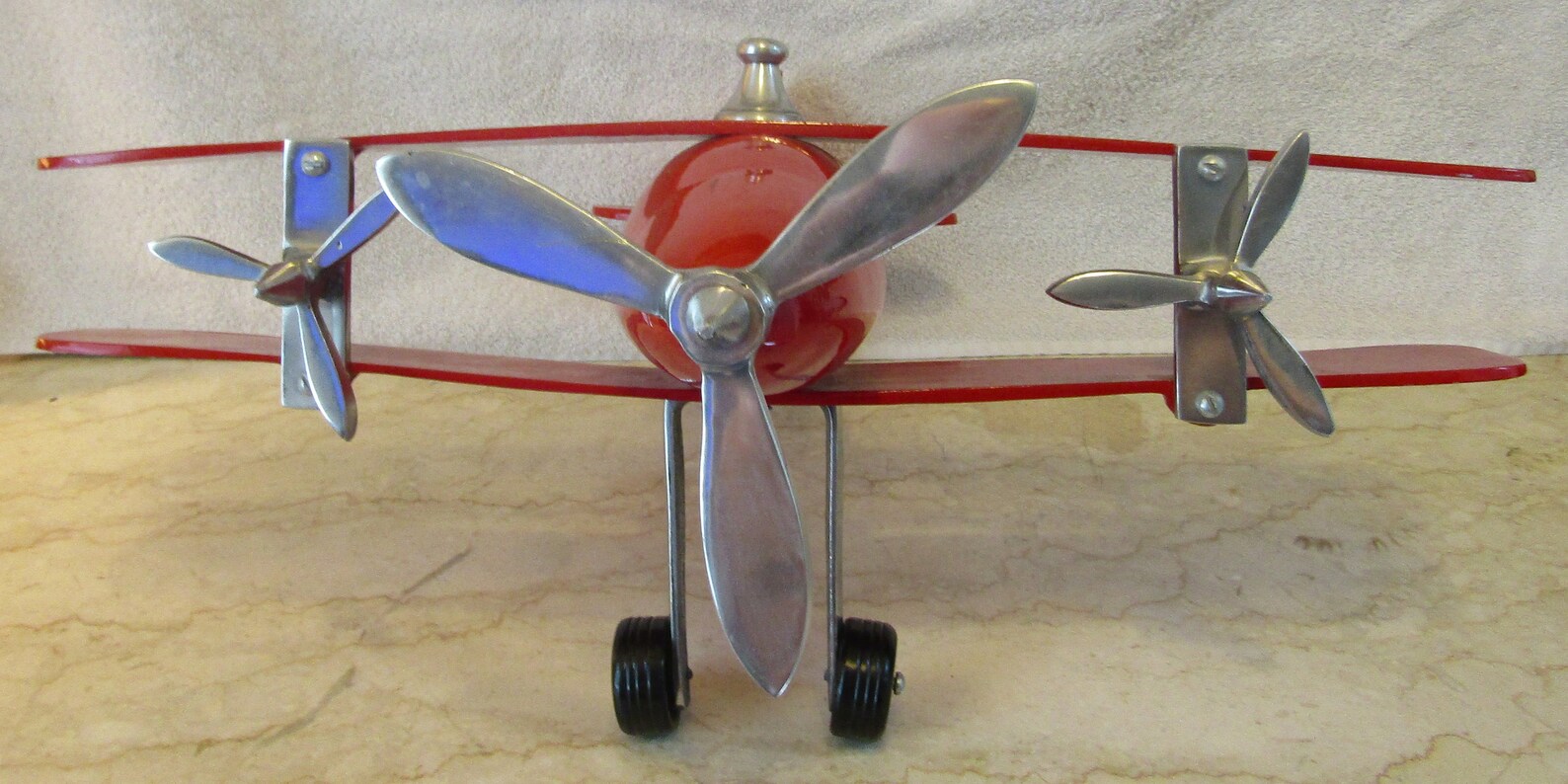 Vintage Red Metal Prop Bi-plane With Moving Propellers and Wheels 19.5 ...