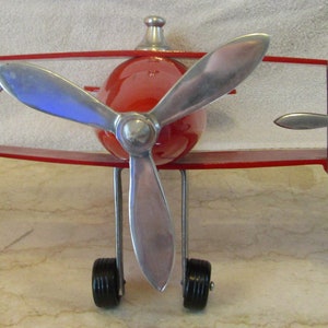 Vintage Red Metal Prop Bi-plane With Moving Propellers and Wheels 19.5 ...