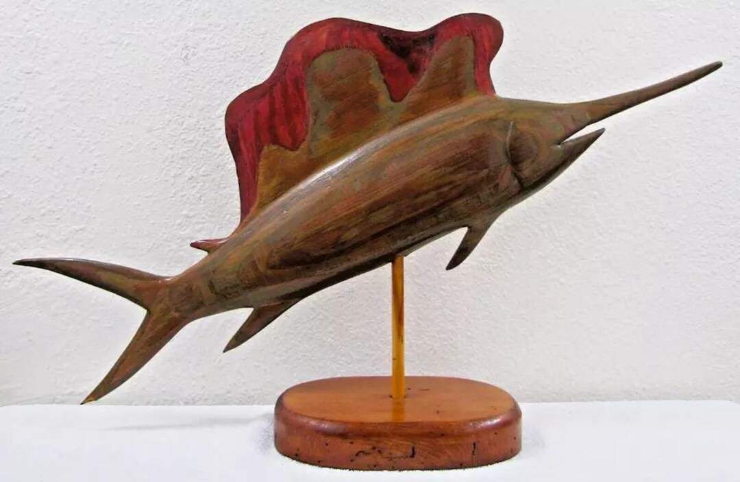 Vintage Carved Silk Oak Wood Sailfish Swordfish Sculpture Signed on ...