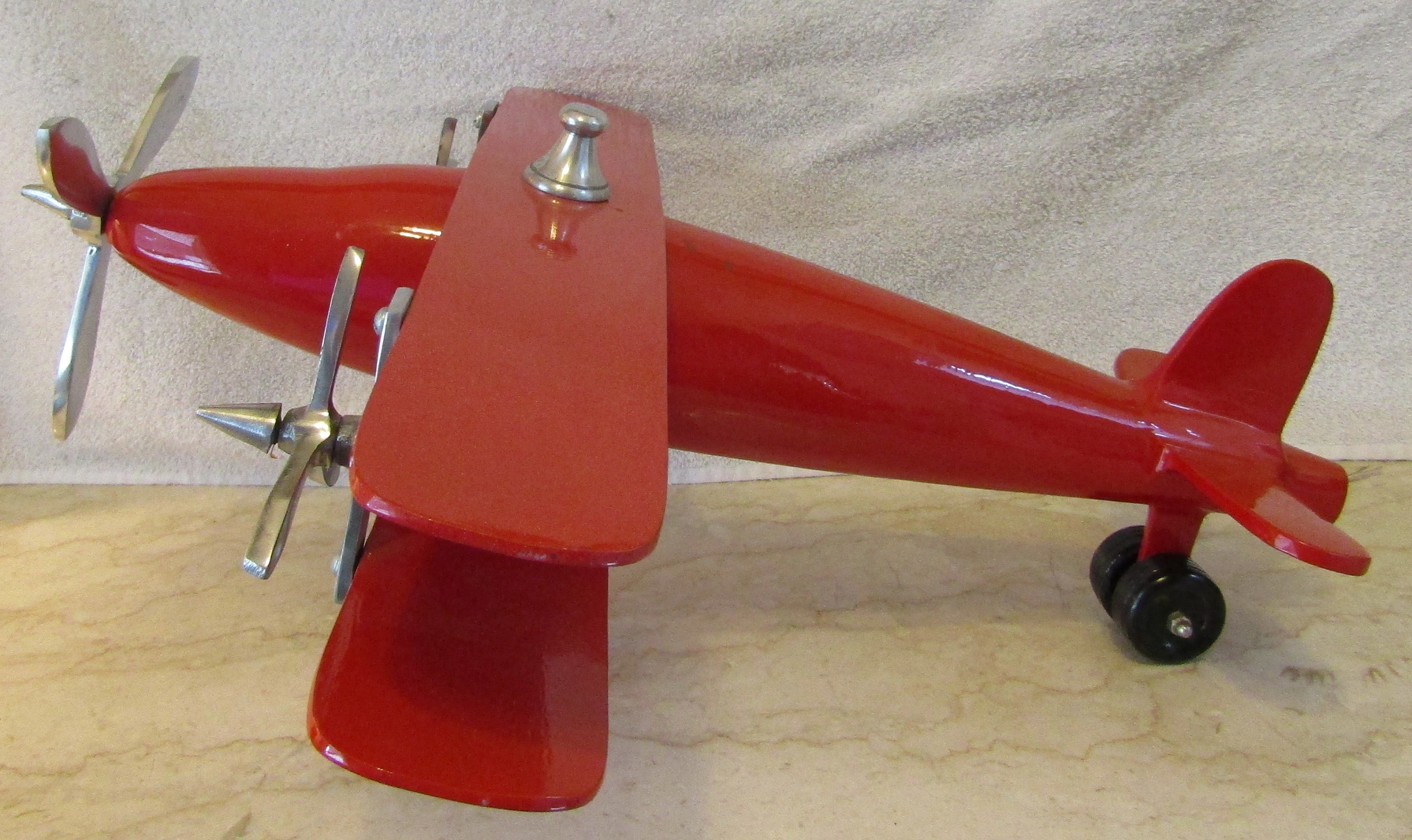 Vintage Red Metal Prop Bi-plane With Moving Propellers and Wheels 19.5 ...