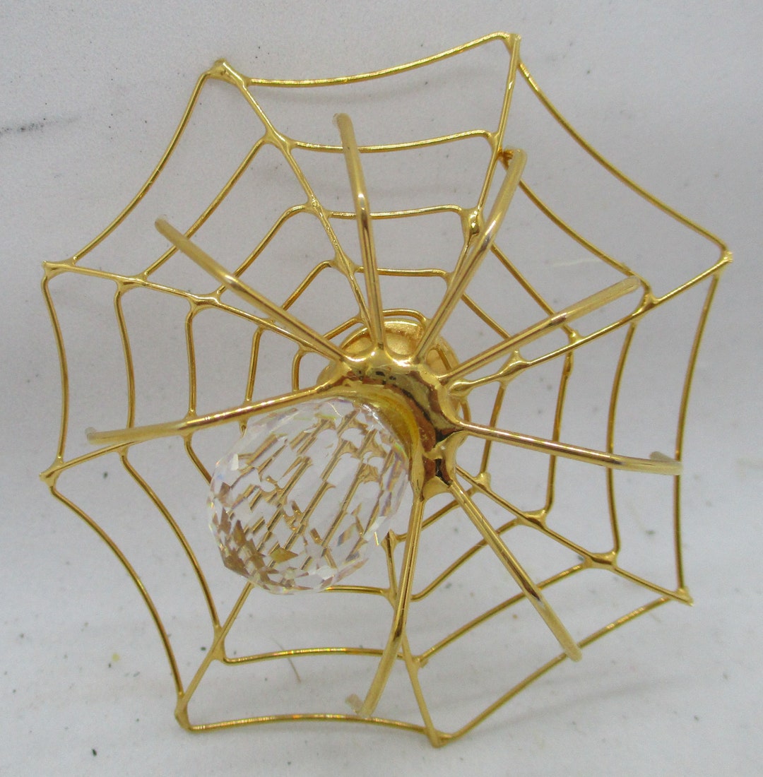 Vintage Golden Spiderweb With Clear Crystal Spider Brooch 2" Diameter ...