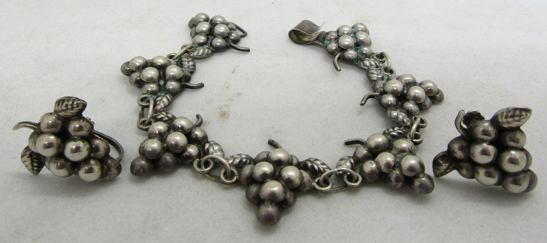 Vintage Grape Bunch Chain Bracelet and Earrings MEXICO 925 Sterling ...