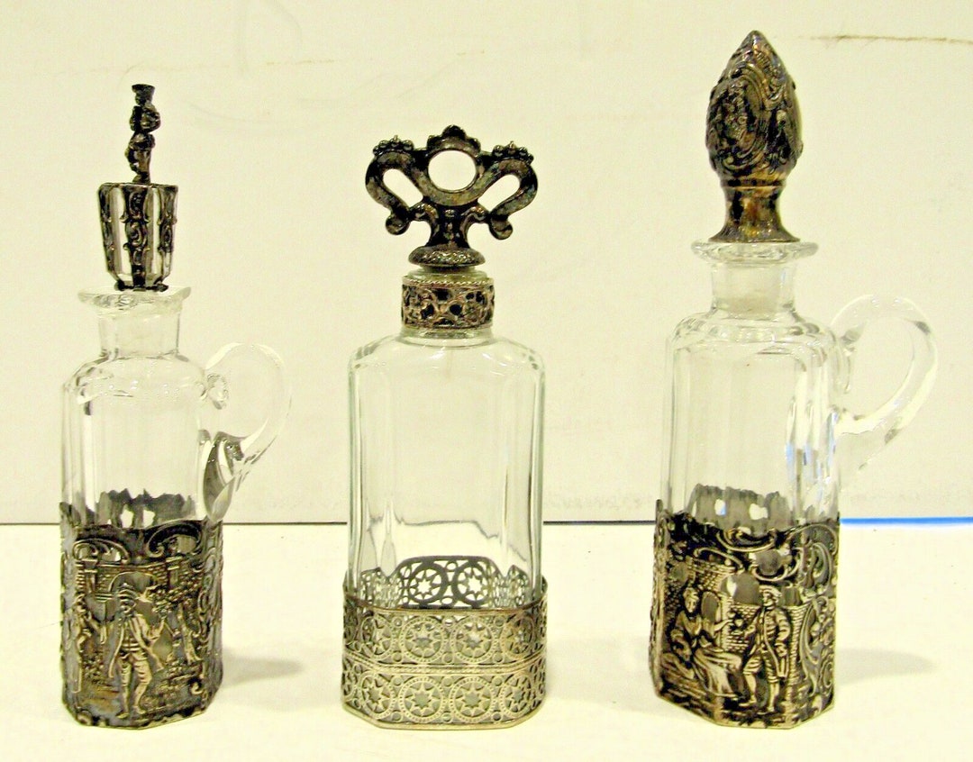 Set of Three Antique Reticulated Metal and Glass Cruet Set Hanau and ...