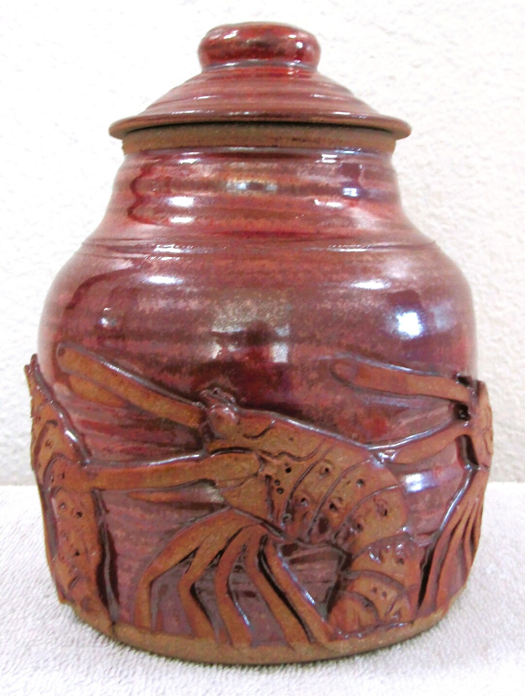 Vintage Brown Pottery Lidded Jar With Lobster Design Marked Ba to Base ...