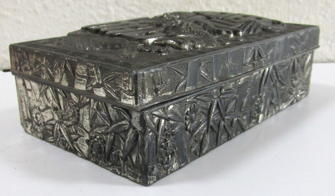 Antique Chinese Metal Storage Box Raised Dragon and Bamboo Symbols Wood ...