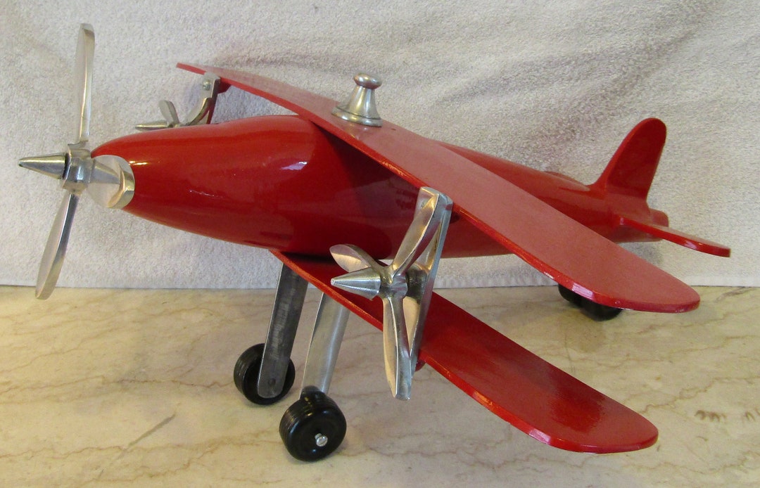 Vintage Red Metal Prop Bi-plane With Moving Propellers and Wheels 19.5 ...