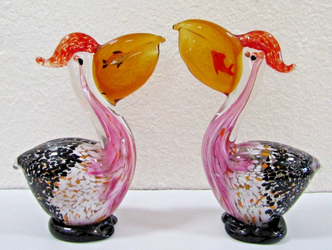 Pair of Vintage Murano Art Glass Pelican Figurines With Fish in Mouth ...