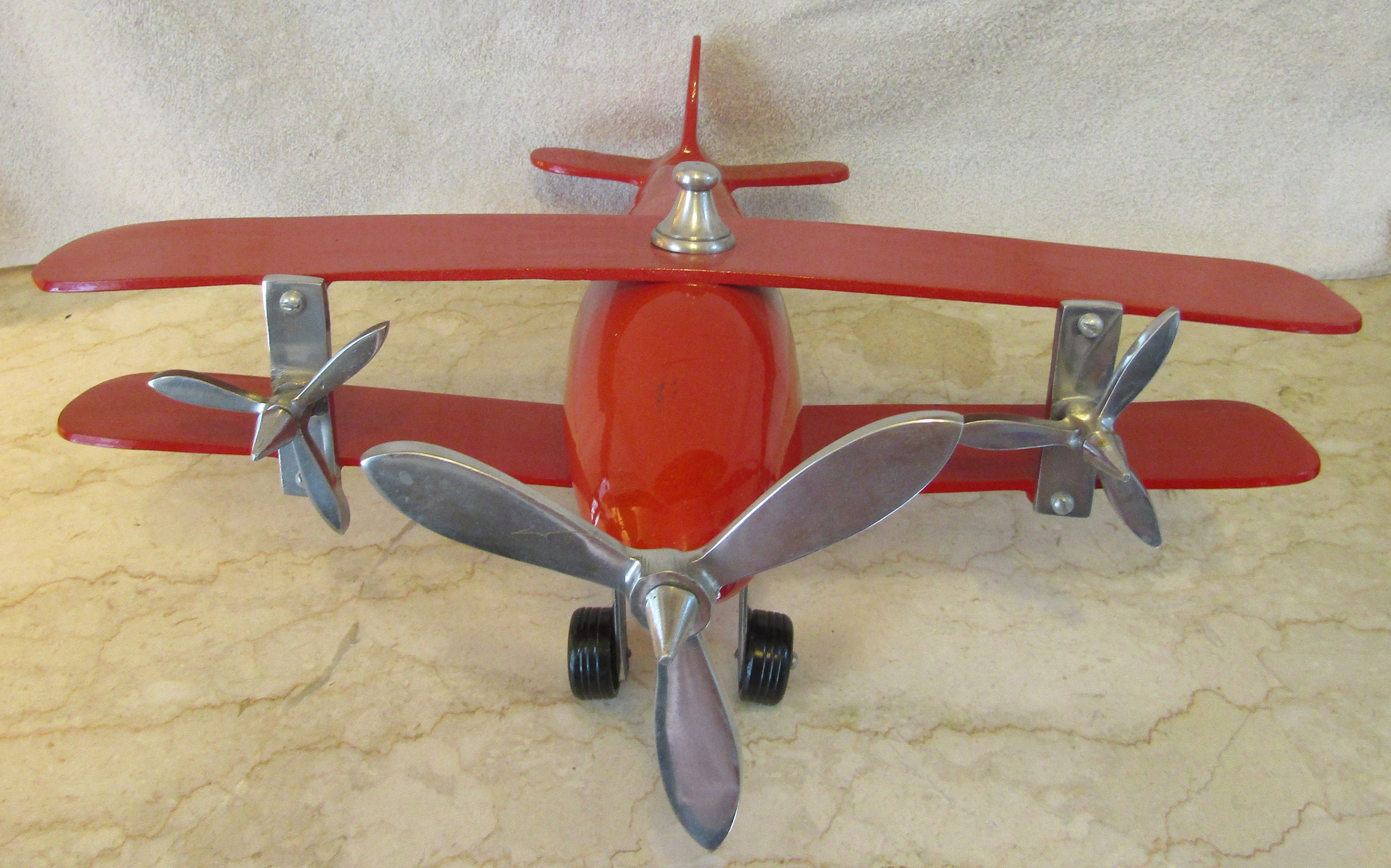 Vintage Red Metal Prop Bi-plane With Moving Propellers and Wheels 19.5 ...