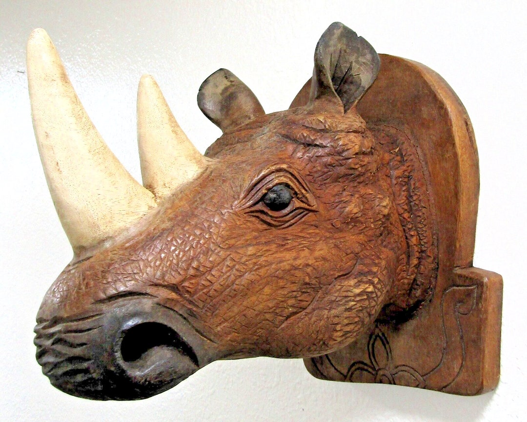 Large Hand Carved Wooden Rhinoceros Head Wall Mount Display Rhino ...