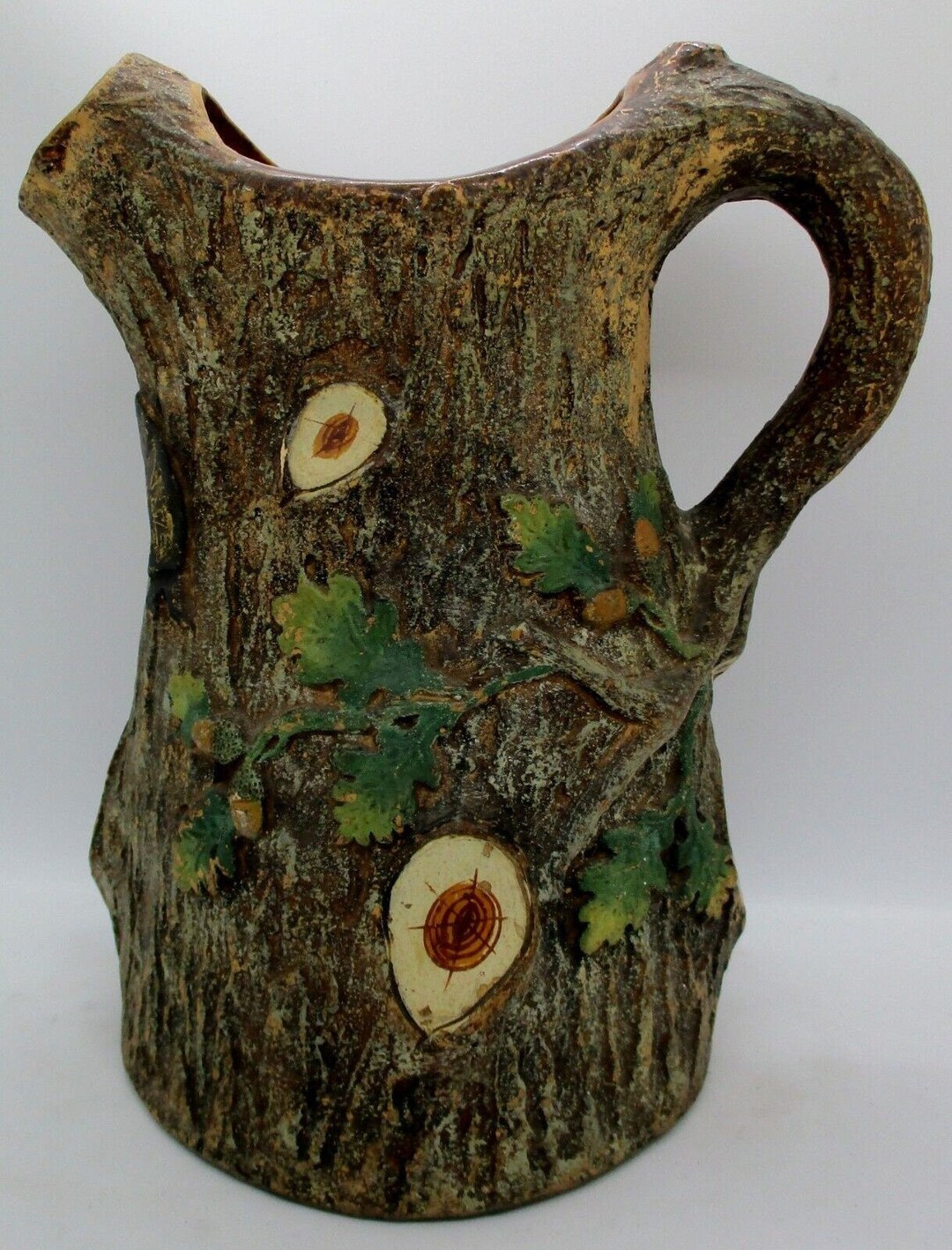 Antique German Joseph Holdcroft Majolica Oak Tree Bark Pitcher Lizzie ...