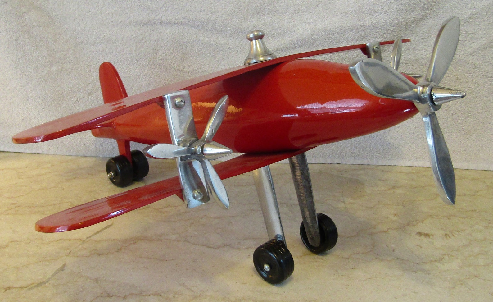 Vintage Red Metal Prop Bi-plane With Moving Propellers and Wheels 19.5 ...