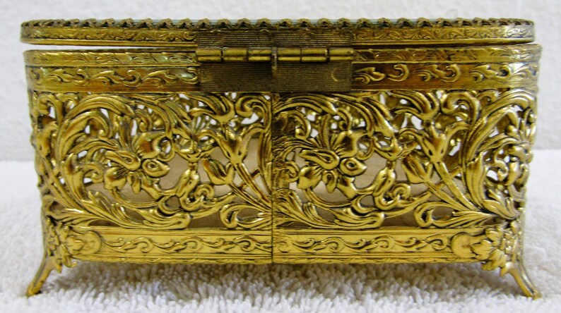 Antique Ormolu Triangle Jewelry Box Reticulated Gold Gilt and Beveled ...
