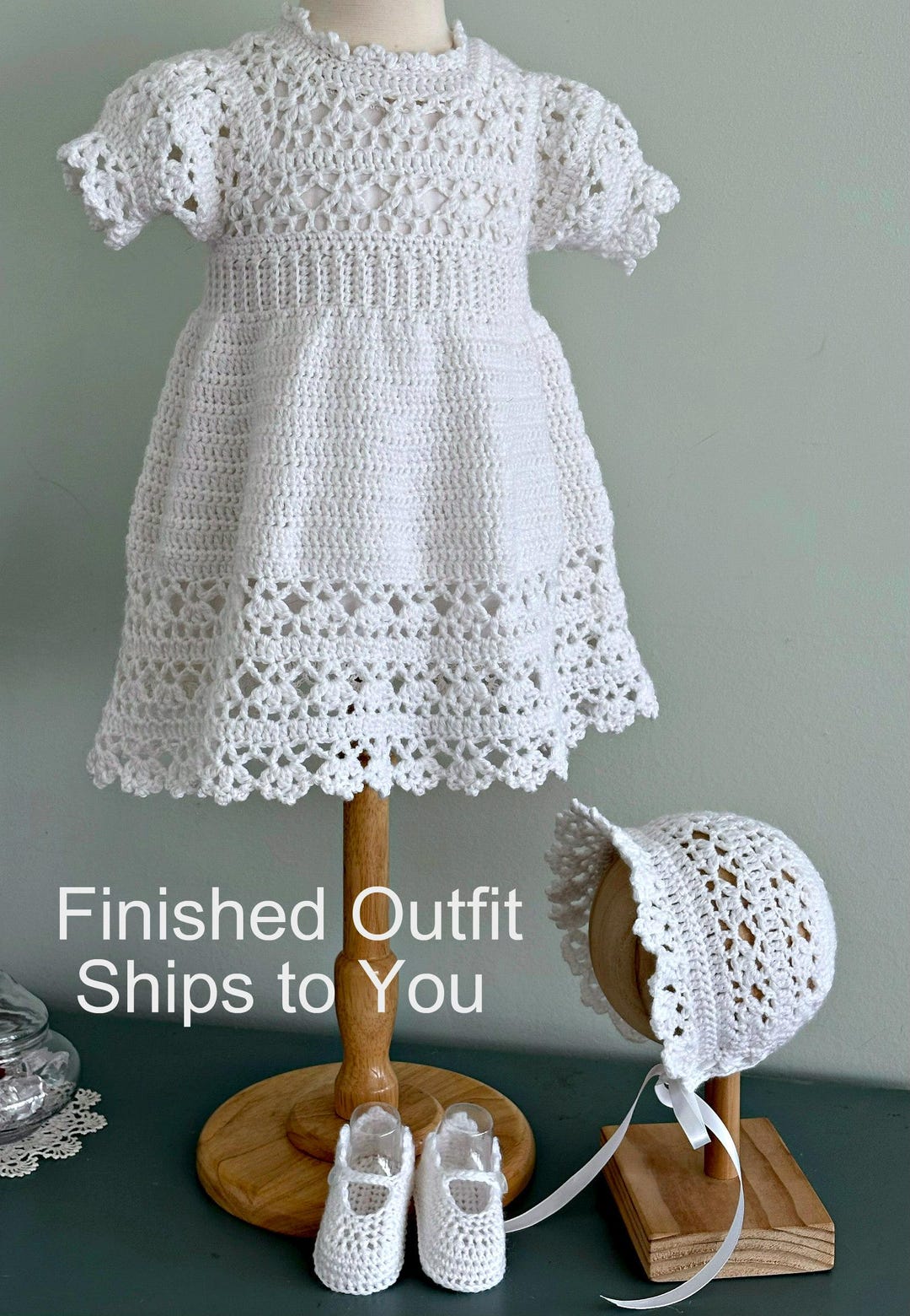 Baby Girl Crochet Blessing, Christening Outfit With Dress, Slip, Bonnet ...