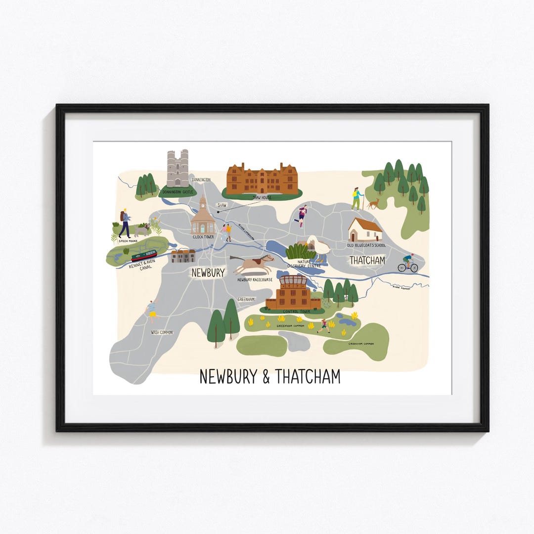 Illustrated Map of Newbury and Thatcham, Berkshire Art Print, Custom ...