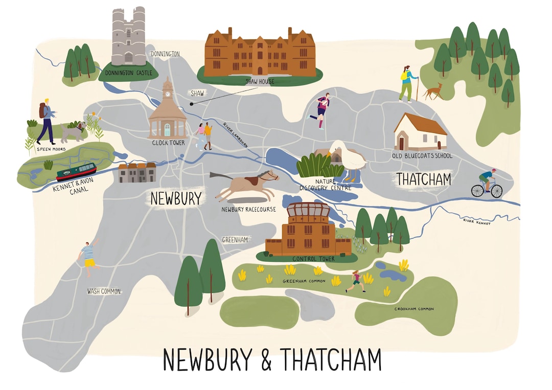 Illustrated Map of Newbury and Thatcham, Berkshire Art Print, Custom ...