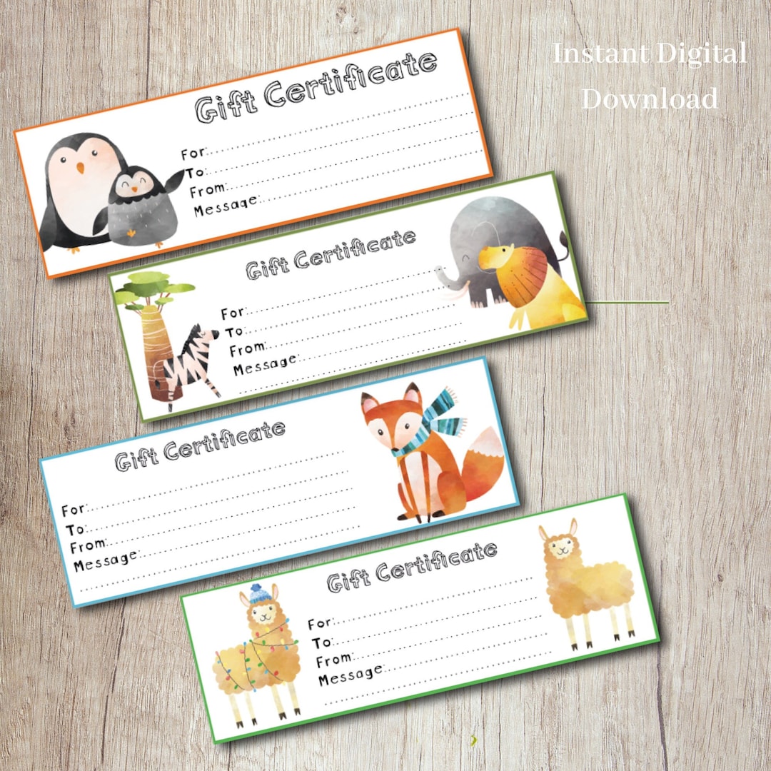 Printable Gift Certificate Templates / Animal Gift Tokens / Digital ...
