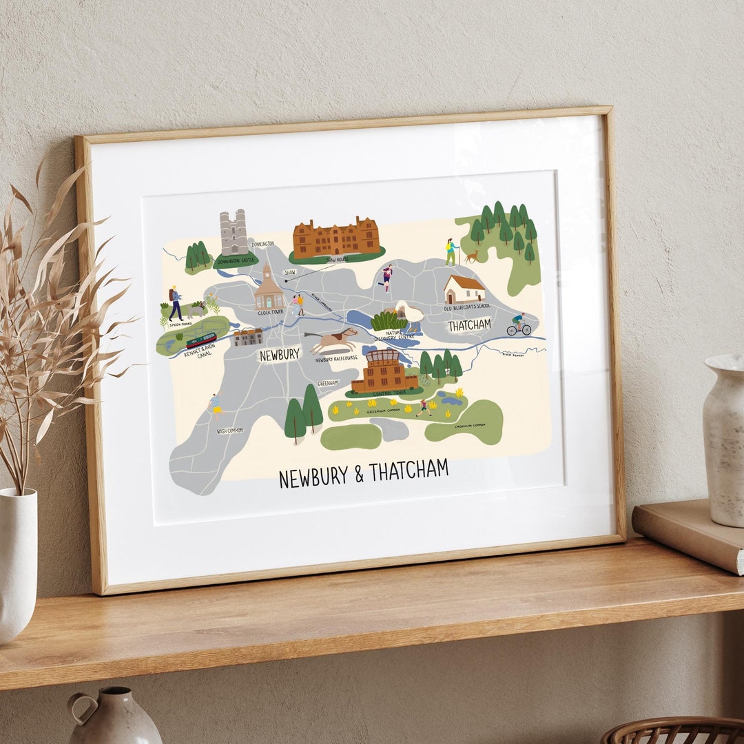Illustrated Map of Newbury and Thatcham, Berkshire Art Print, Custom ...