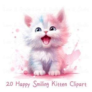 20 Smiling Happy Kitten Clipart, Digital Cat Watercolor, High-quality ...