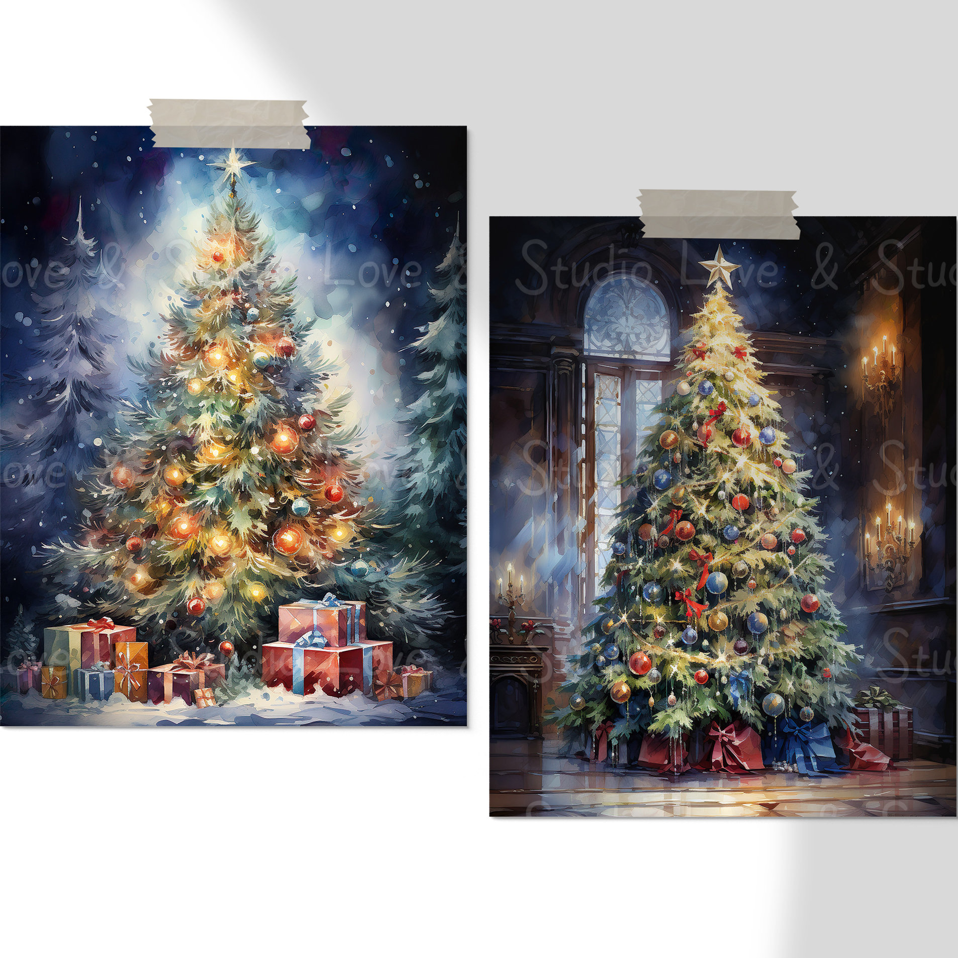 25 Watercolor Christmas Tree Digital Paper, Colorful Ornament ...