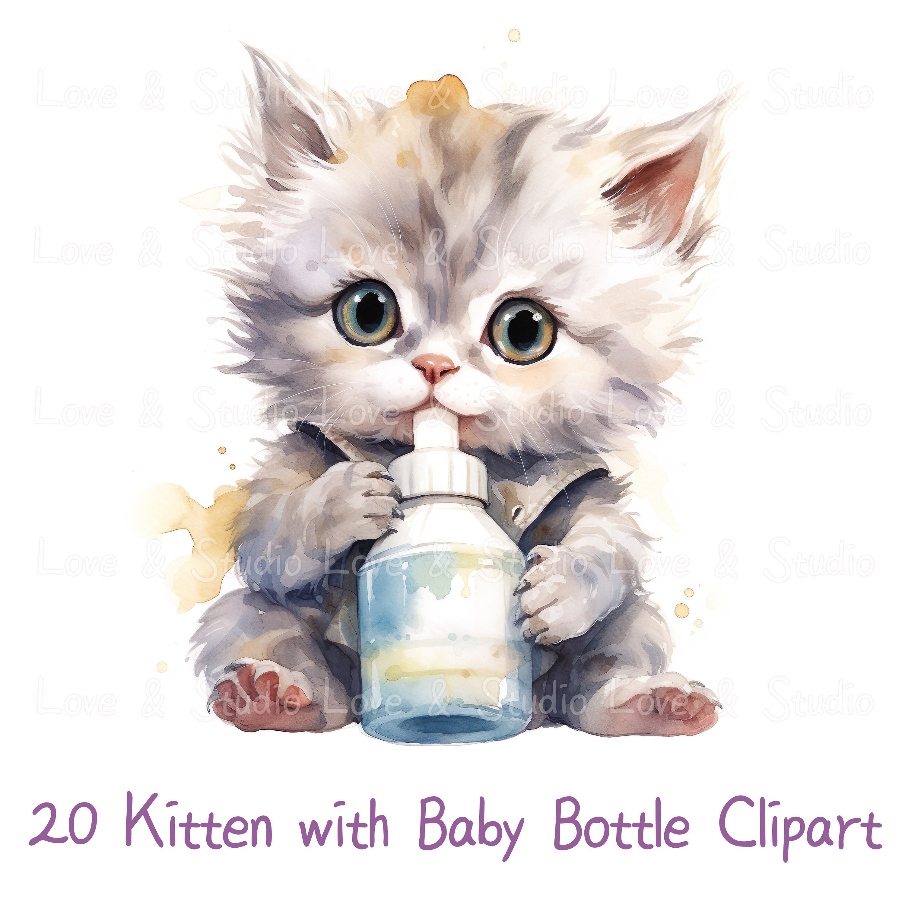 20 Kitten With Baby Bottle Clipart, Cute Baby Cat Illustration, Digital ...