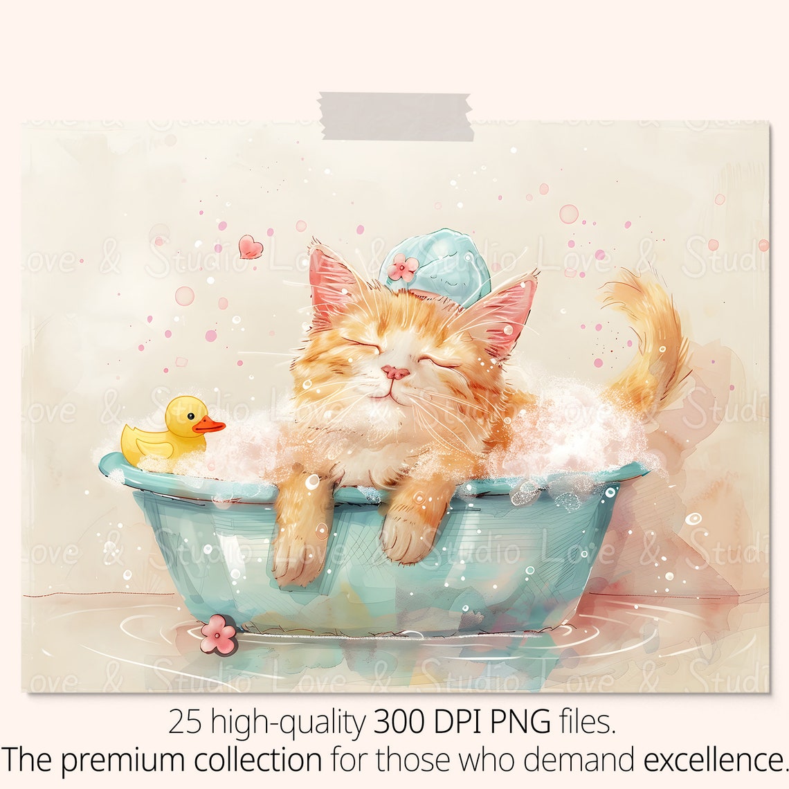 25 Happy Cat Bath Time Digital Paper, Lovely Fellin Watercolor ...