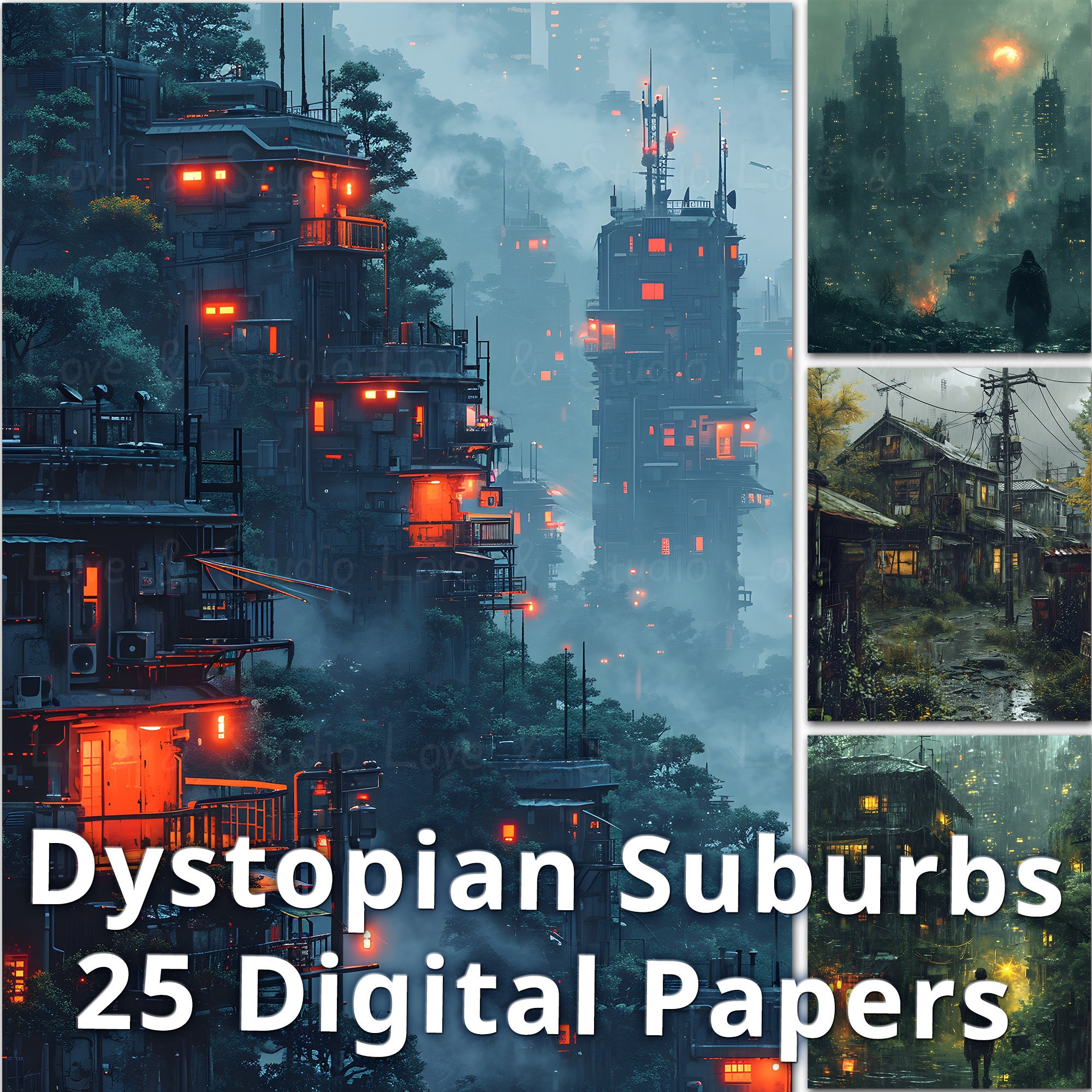 25 Dystopian Suburb Digital Paper, Printable Dystopian Futurescape ...