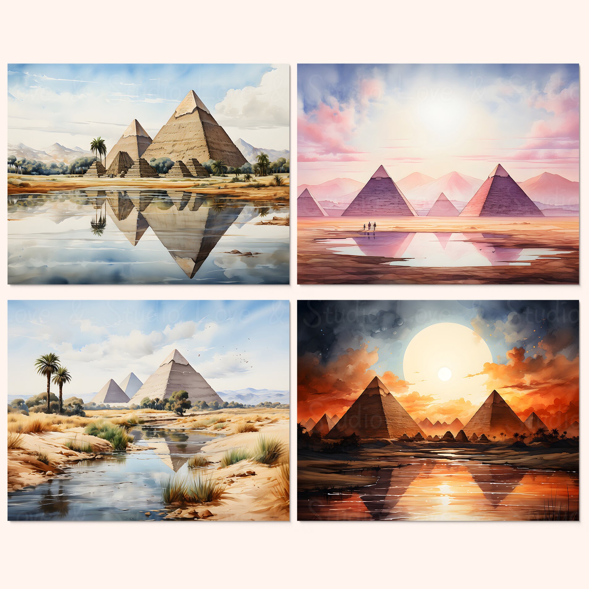 25 the Pyramids in Egypt Digital Paper, Watercolor Desert Landscapes ...