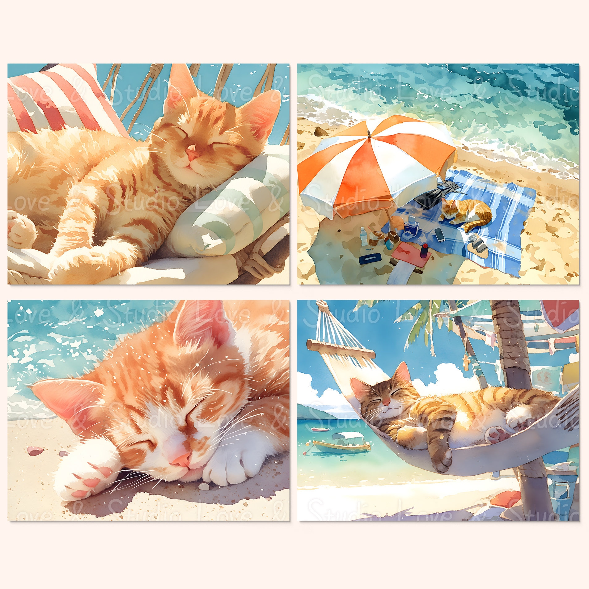 25 Seaside Serenity With Cat Digital Paper, Whimsical Feline Digital ...
