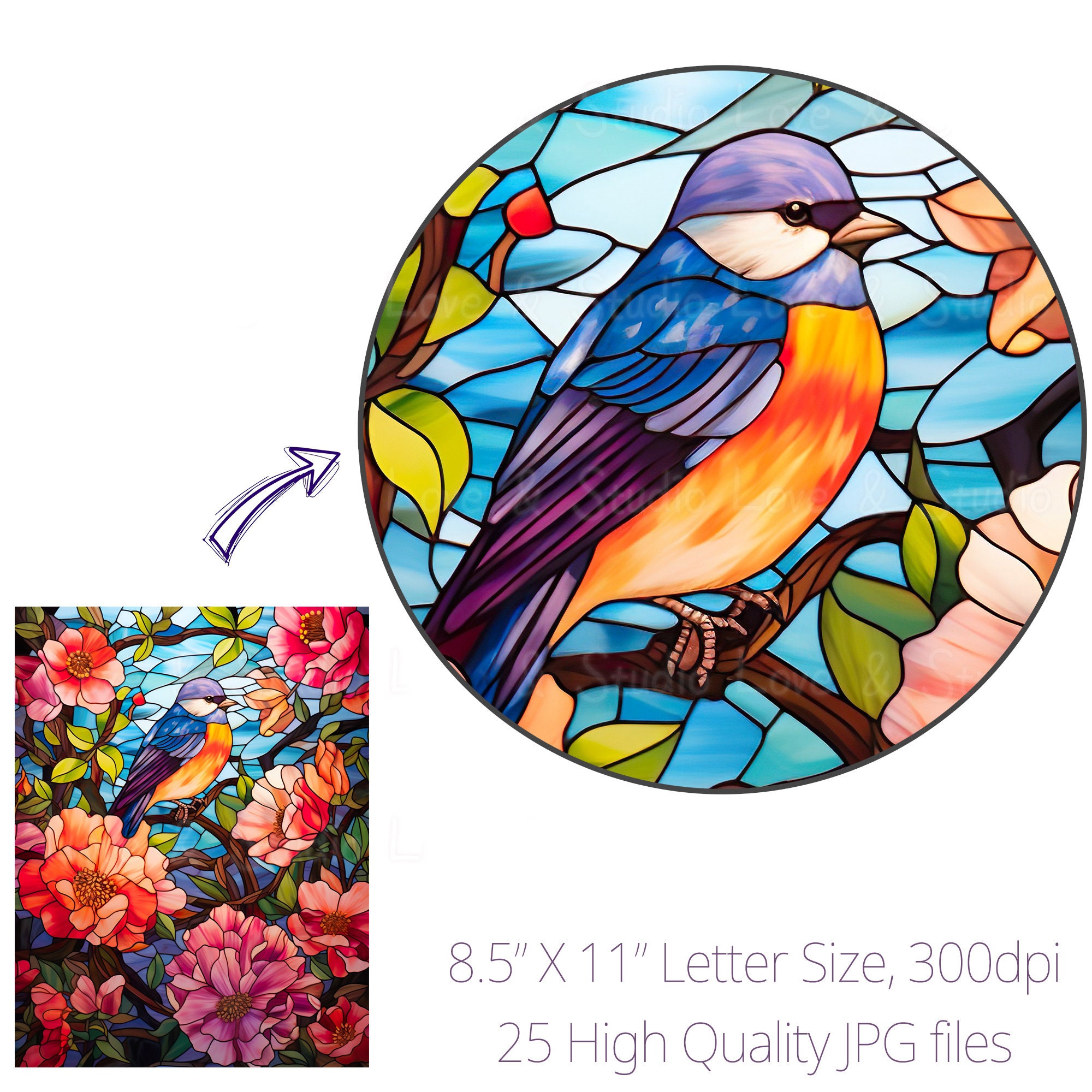 25 Bird and Flower Stained Glass Digital Paper. Nature's - Etsy