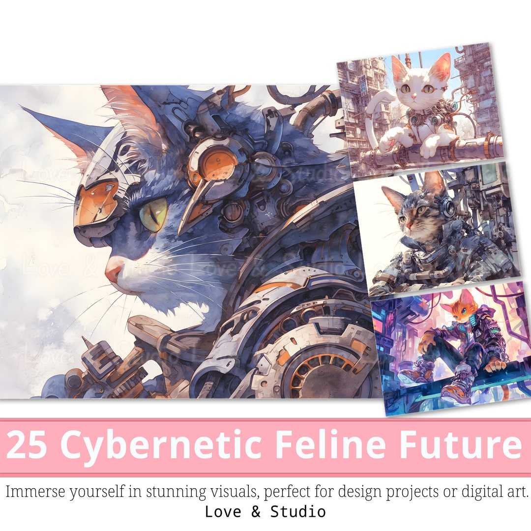 25 Cybernetic Cat Future Digital Paper, Whimsical Feline Digital Paper ...