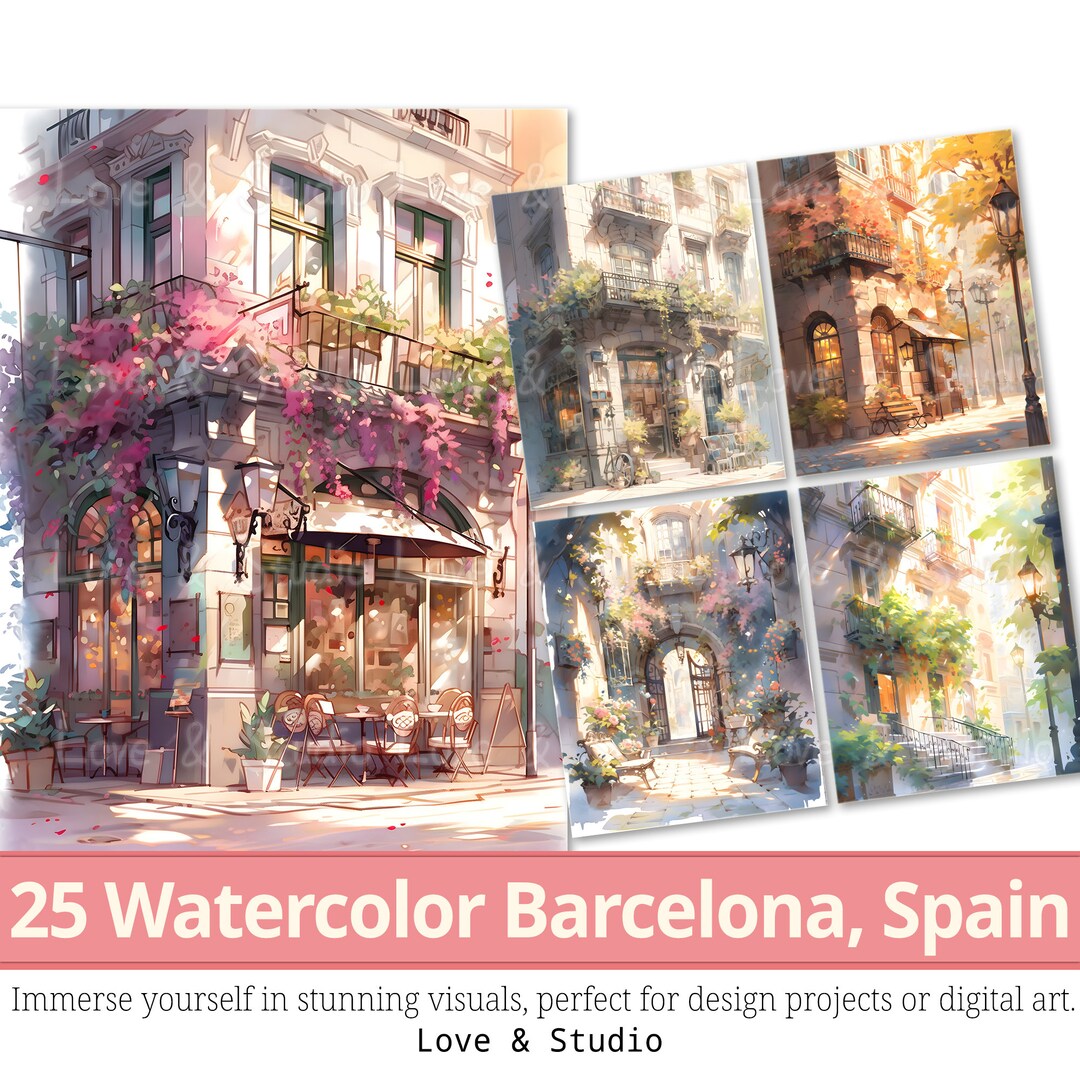 25 Barcelona, Spain Digital Paper, Watercolor Old City View Clipart ...