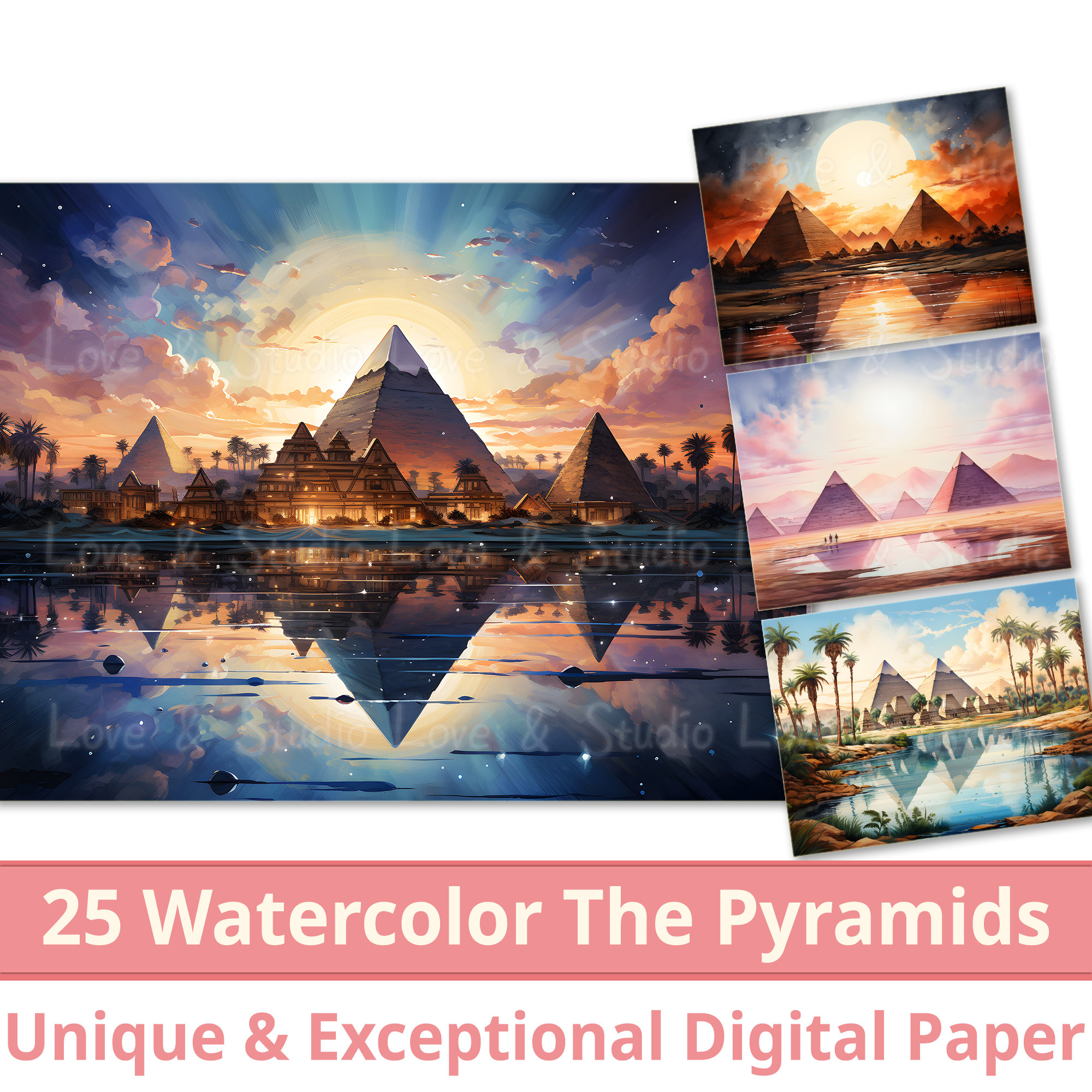25 the Pyramids in Egypt Digital Paper, Watercolor Desert Landscapes ...