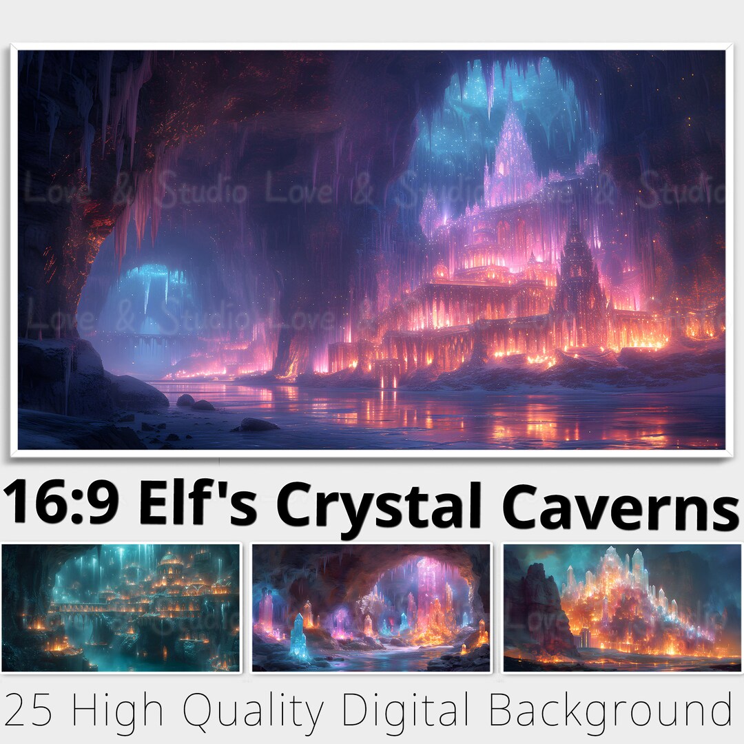 16:9 Elf's Crystal Caverns Digital Paper. 25 Printable Fantasy ...