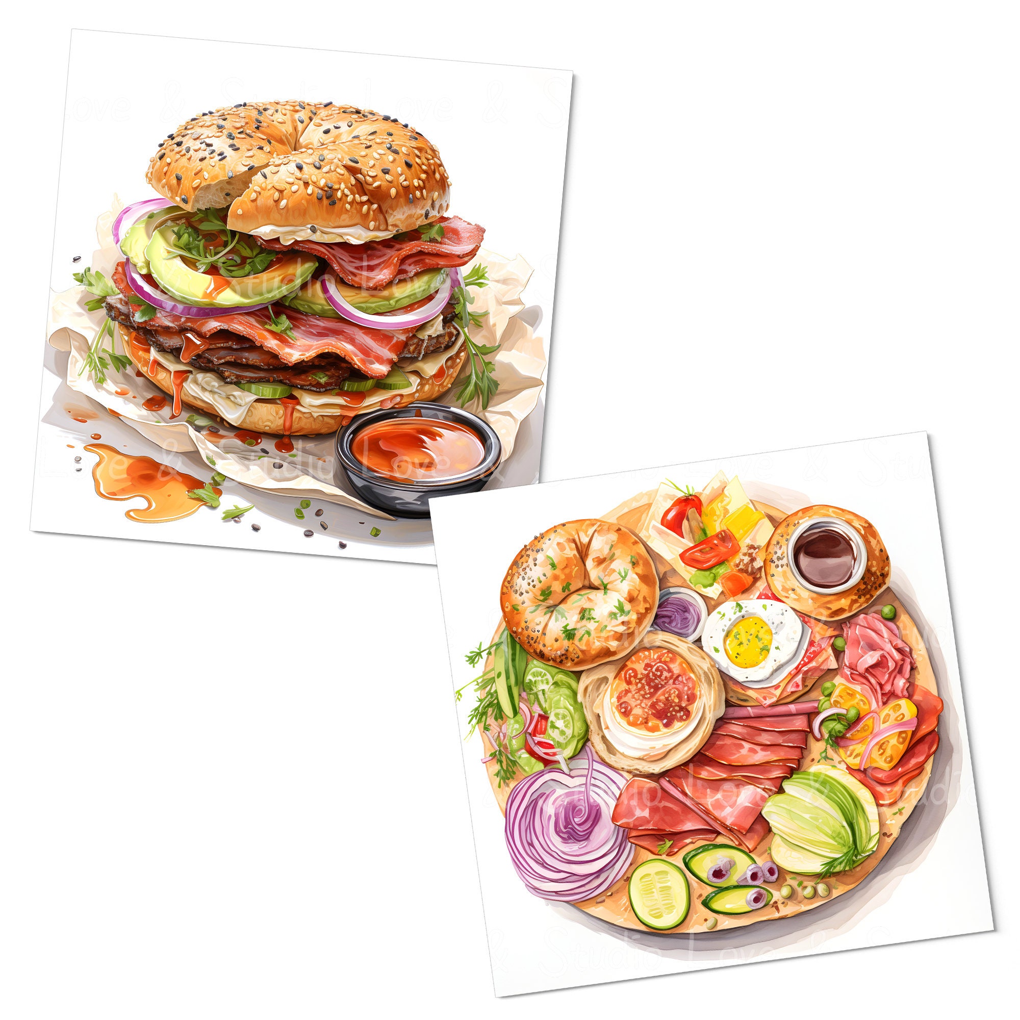 25 Bagel Sandwich Watercolor Clipart, Indulgent Brunch Digital Paper ...