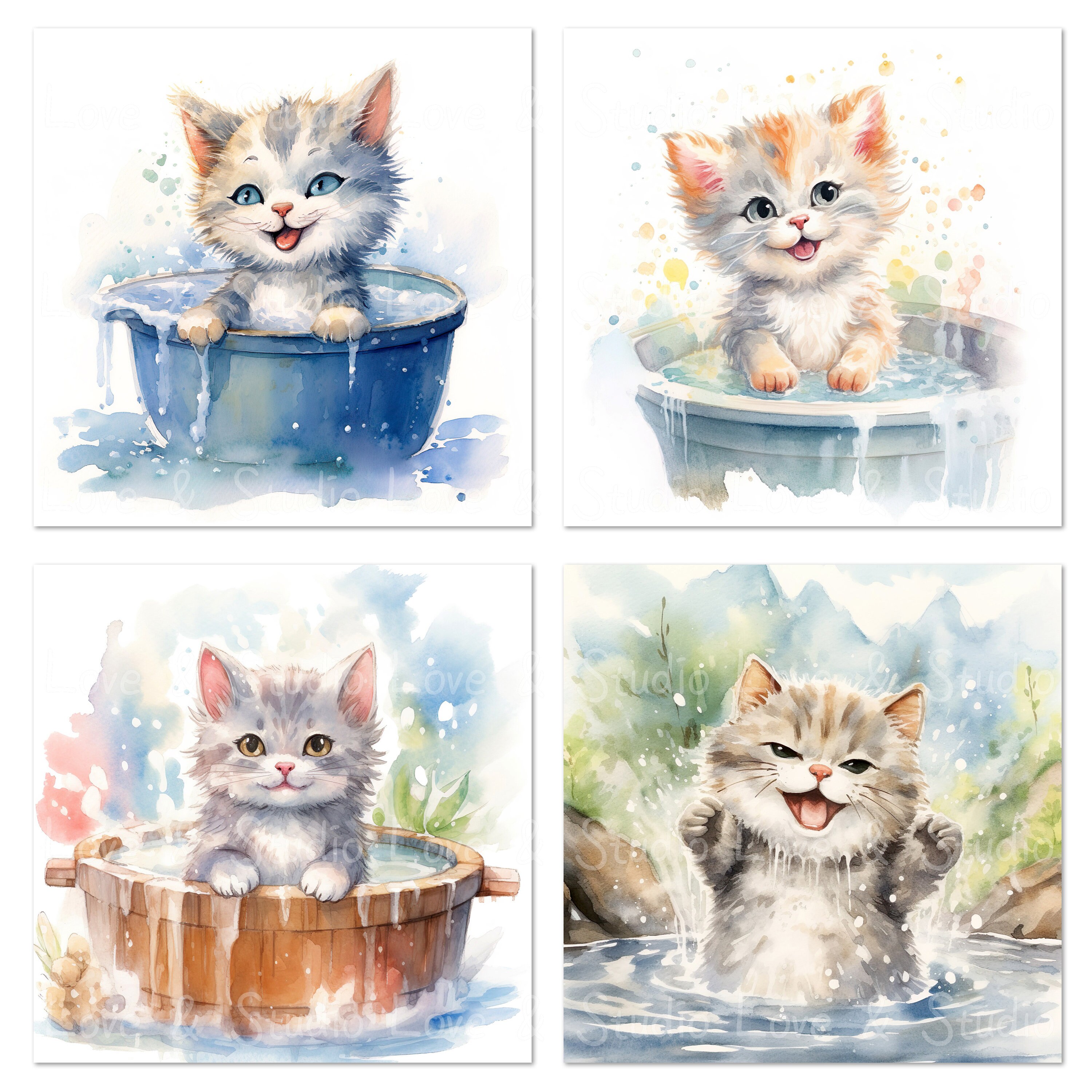 20 Kitten in a Hot Spring Clipart, Digital Cat Watercolor, High-quality ...