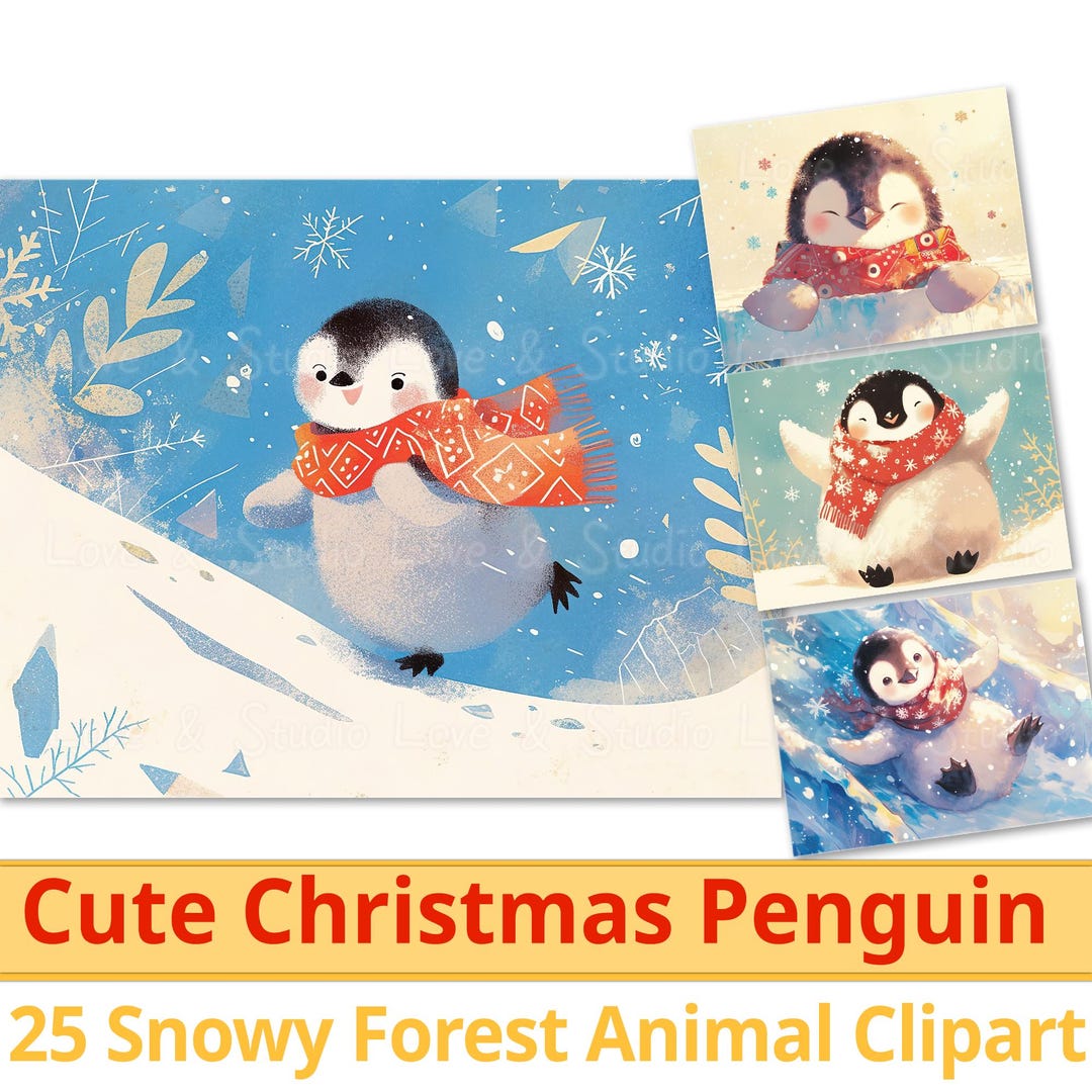 25 Cute Christmas Penguin Clipart, Snowy Forest Friends Digital Paper ...