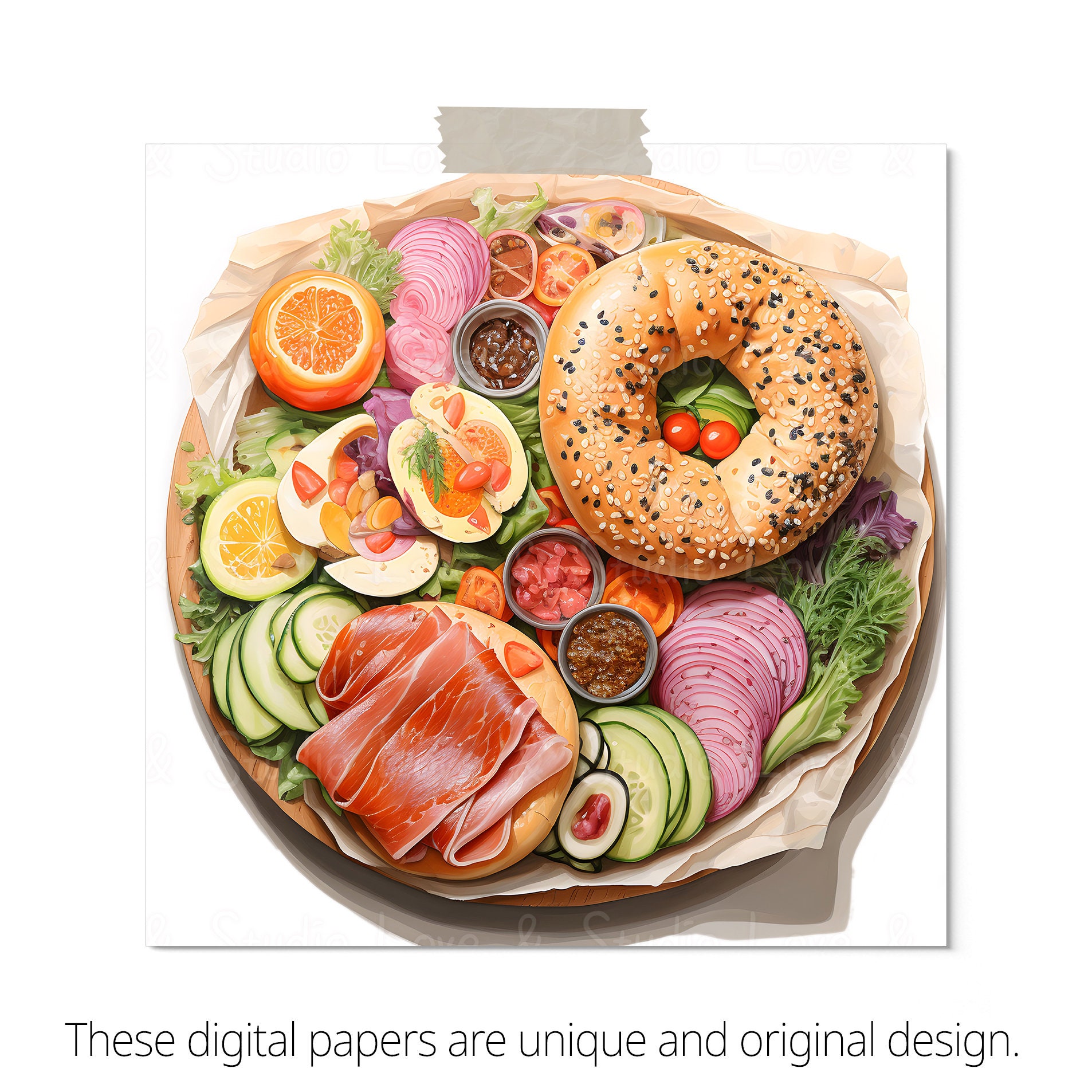 25 Bagel Sandwich Watercolor Clipart, Indulgent Brunch Digital Paper ...