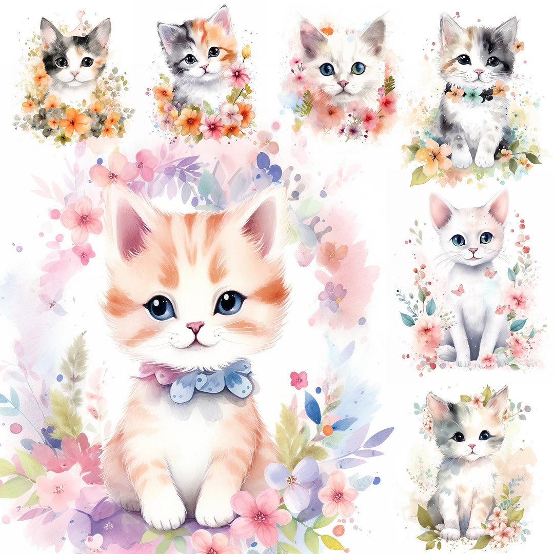 20 Cat Clipart Commercial Use, Cute Kitten Cats Clipart, Botanical ...