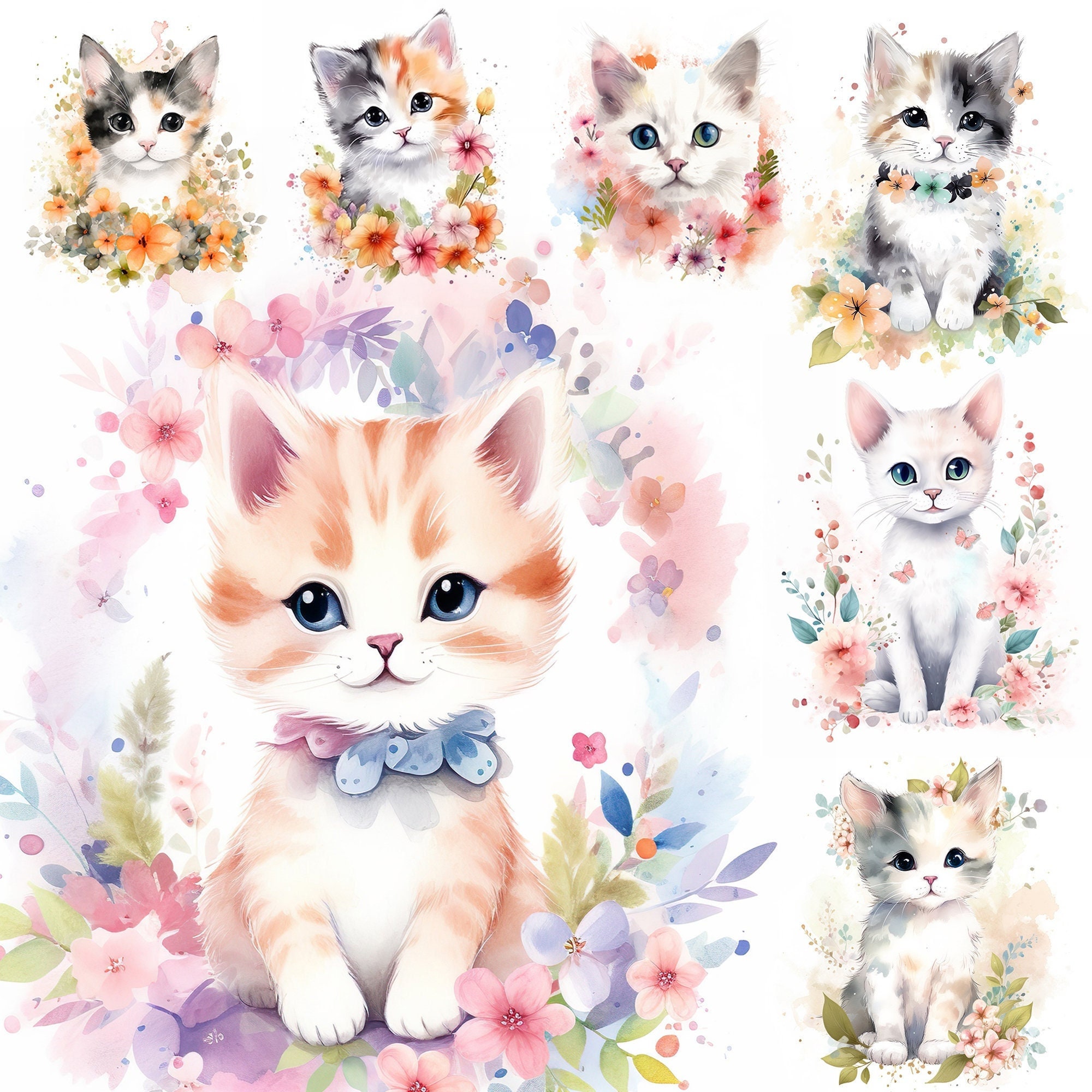 20 Cat Clipart Commercial Use, Cute Kitten Cats Clipart, Botanical ...