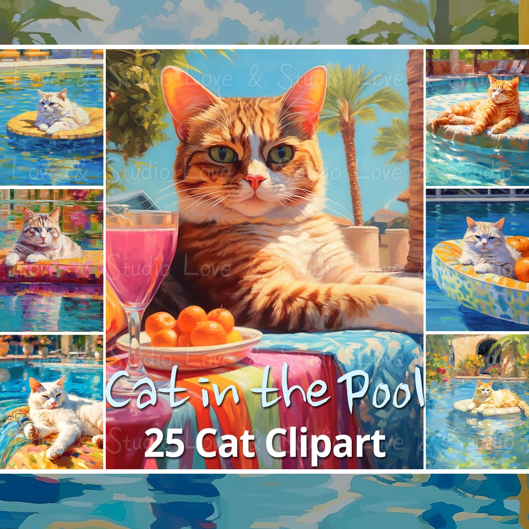 25 Cat Clipart, Poolside Relaxation. A Cat Lounging by a Sparkling ...