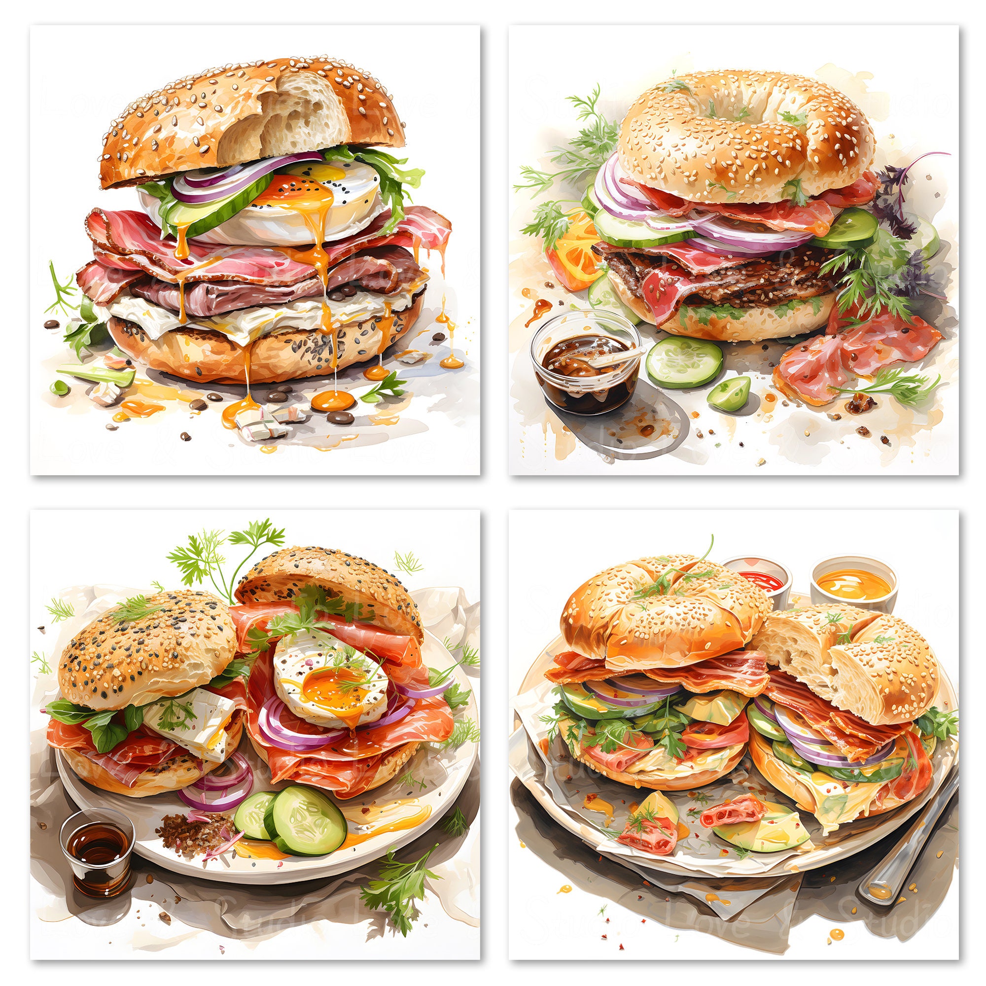 25 Bagel Sandwich Watercolor Clipart, Indulgent Brunch Digital Paper ...