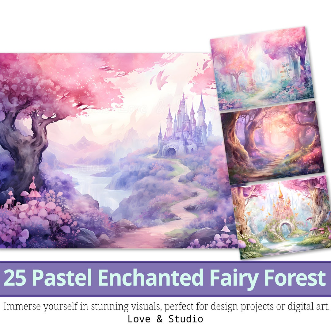 25 Pastel Enchanted Fairy Forest Digital Paper, Horizontal Type. Soft ...