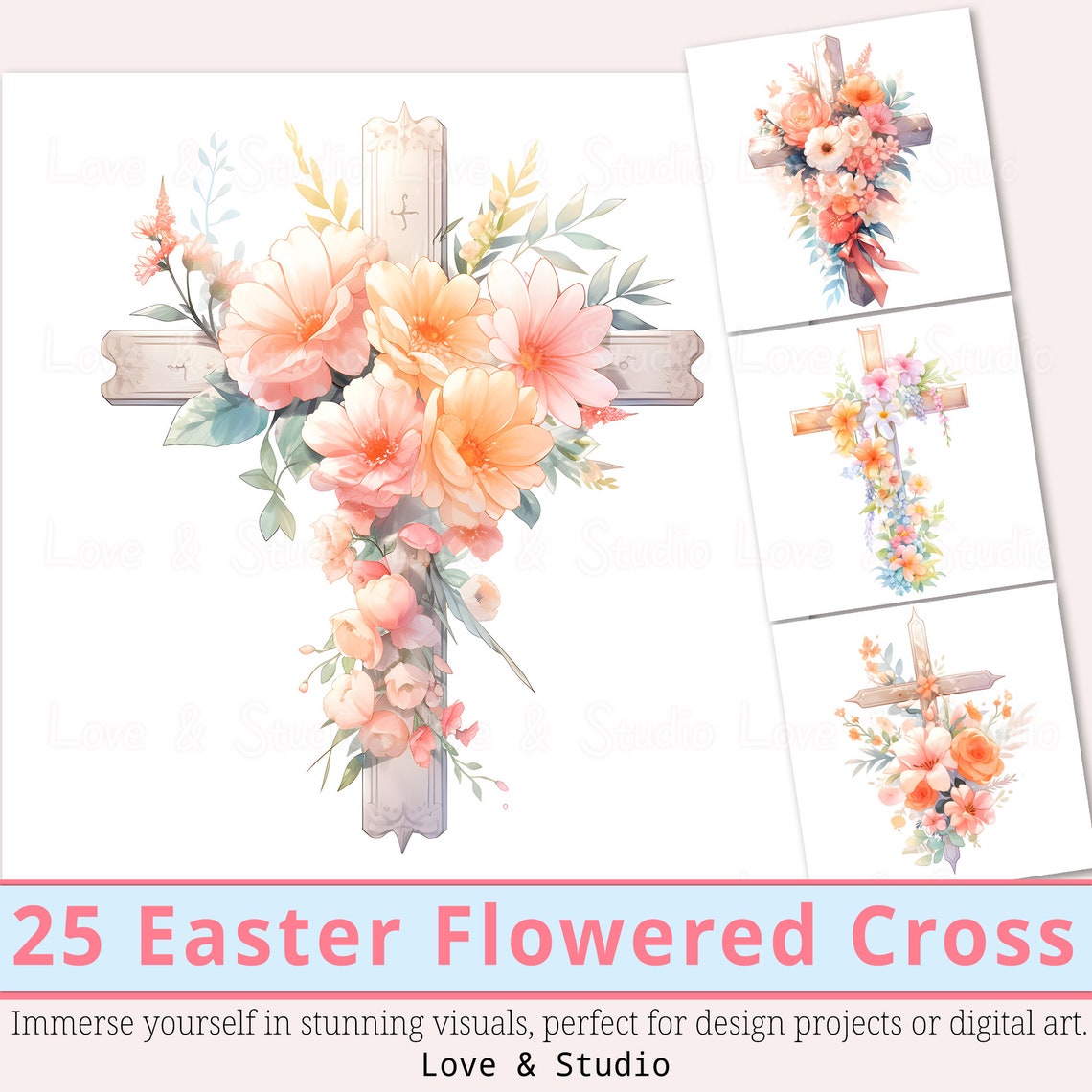 25 Easter Flowered Cross Clipart, Printable Colorful Delight Watercolor ...