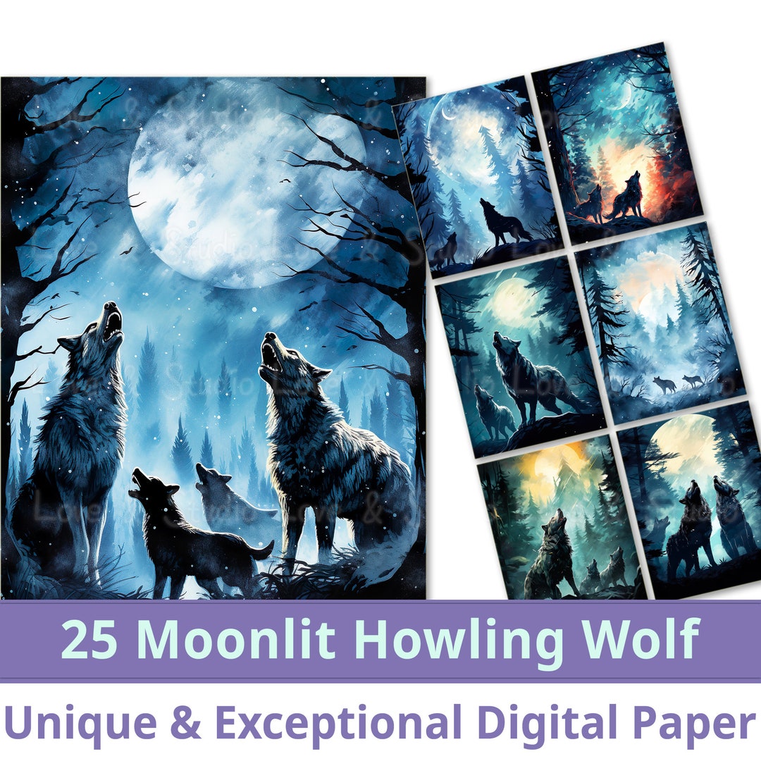 25 Moonlit Howling Wolf Digital Paper, Printable Moon Light, Halloween ...