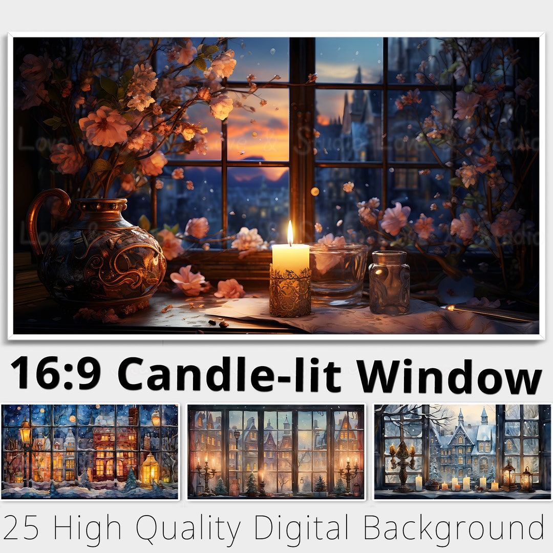 16:9 Candle-lit Window Scene Digital Background. 25 Samsung Frame Tvart ...