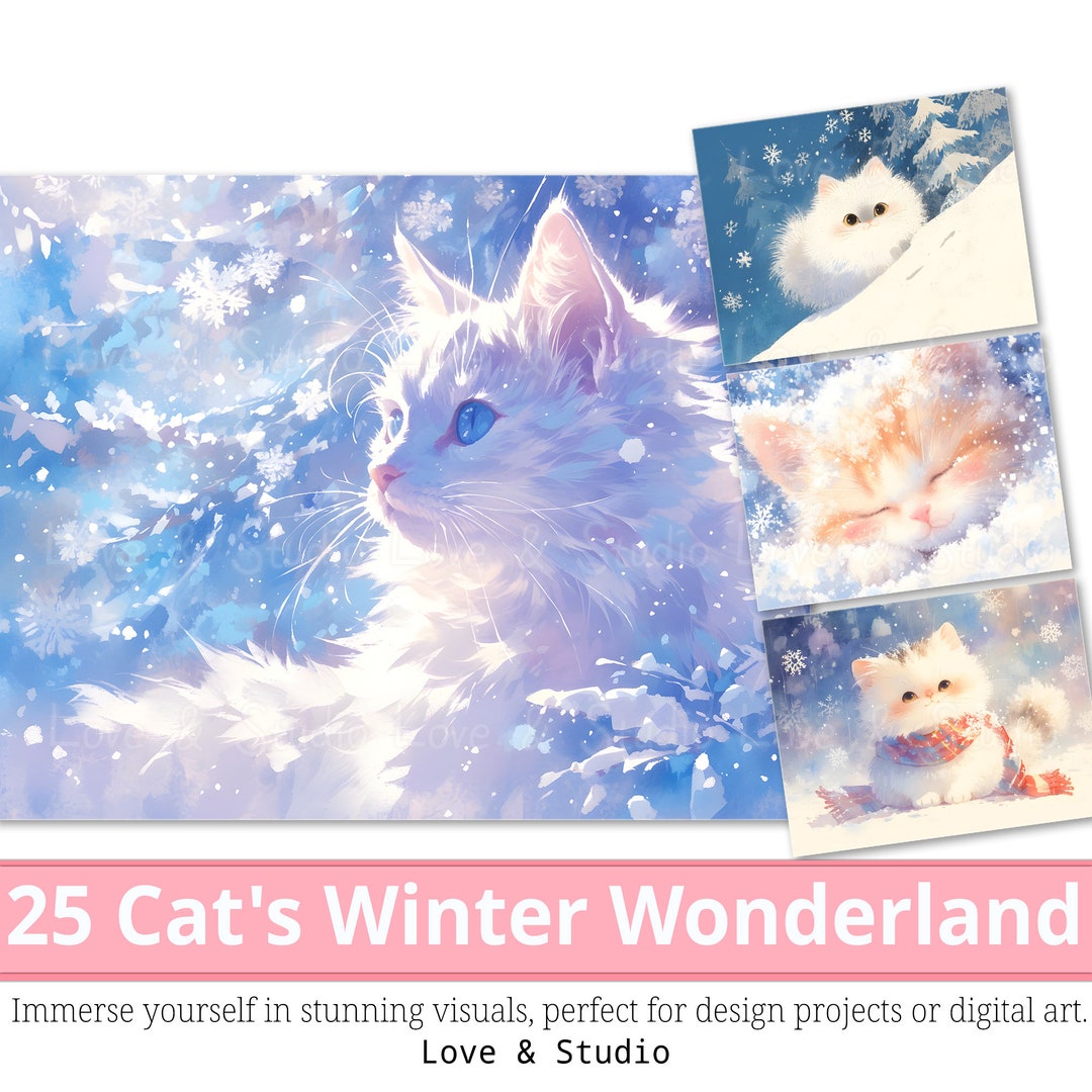 25 Cat's Winter Wonderland Digital Paper, Whimsical Feline Clipart ...